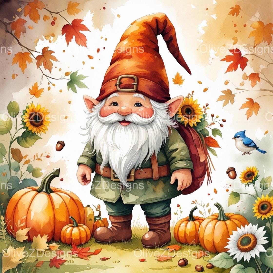 8 JPG Fall Gnome Clipart, Gnome Garden, Printable Watercolor Clipart ...