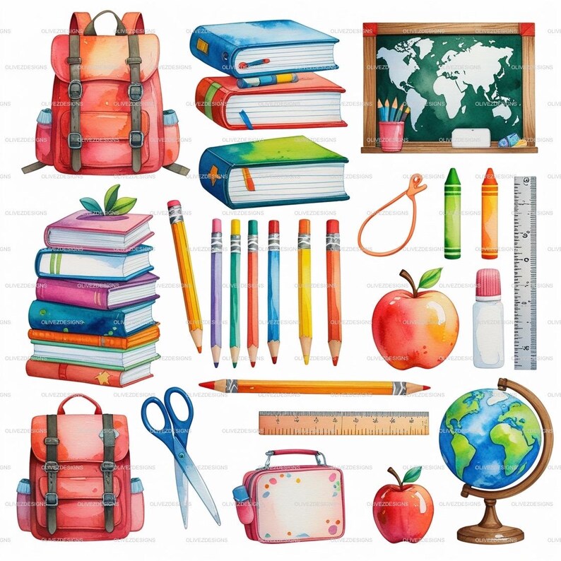 Back to School Watercolor Clipart | 18 JPG Images | School Bus ...