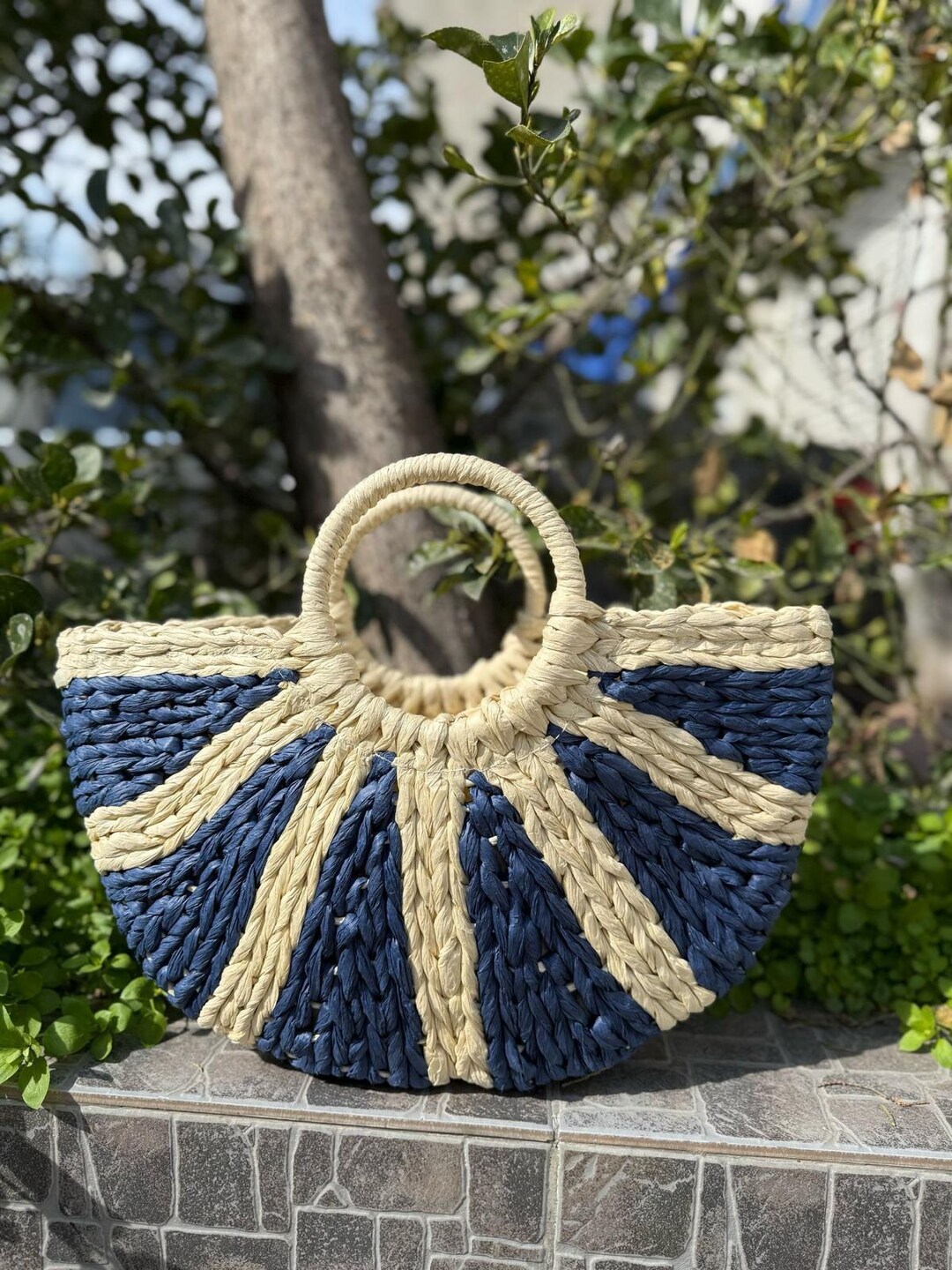 Handmade Woven Half-moon Straw Bag – Navy Blue & Natural Raffia Summer ...