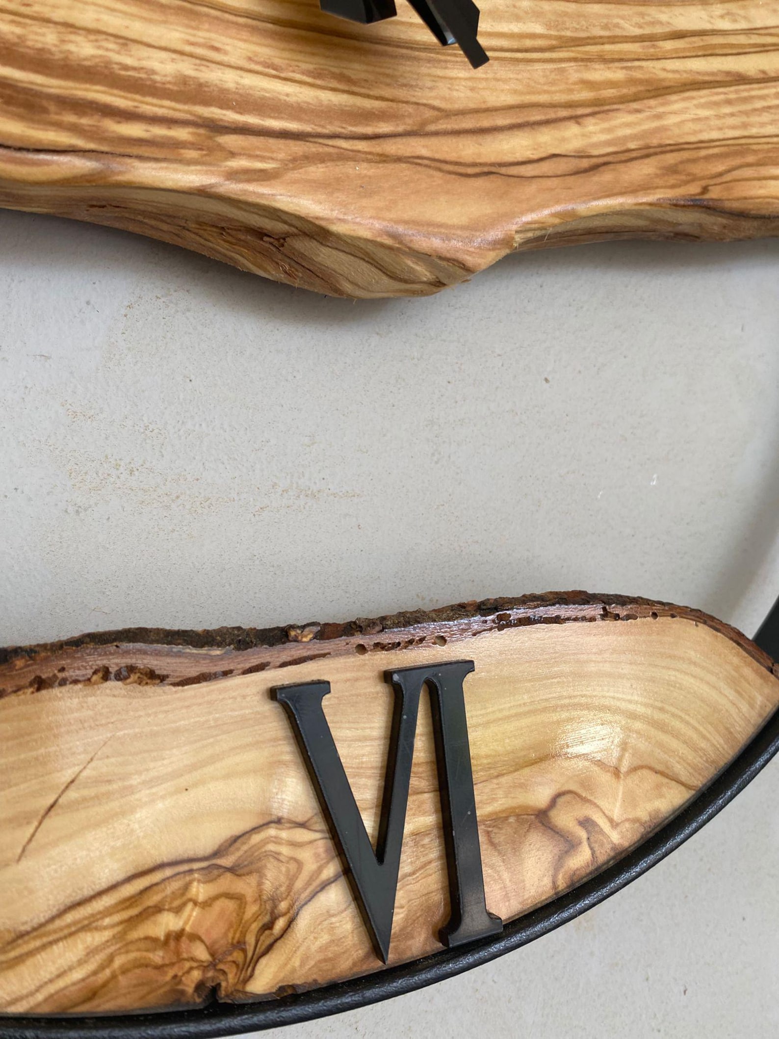 Olive Wood Wall Clock With Metal Frame – Round Rustic Live Edge Clock ...