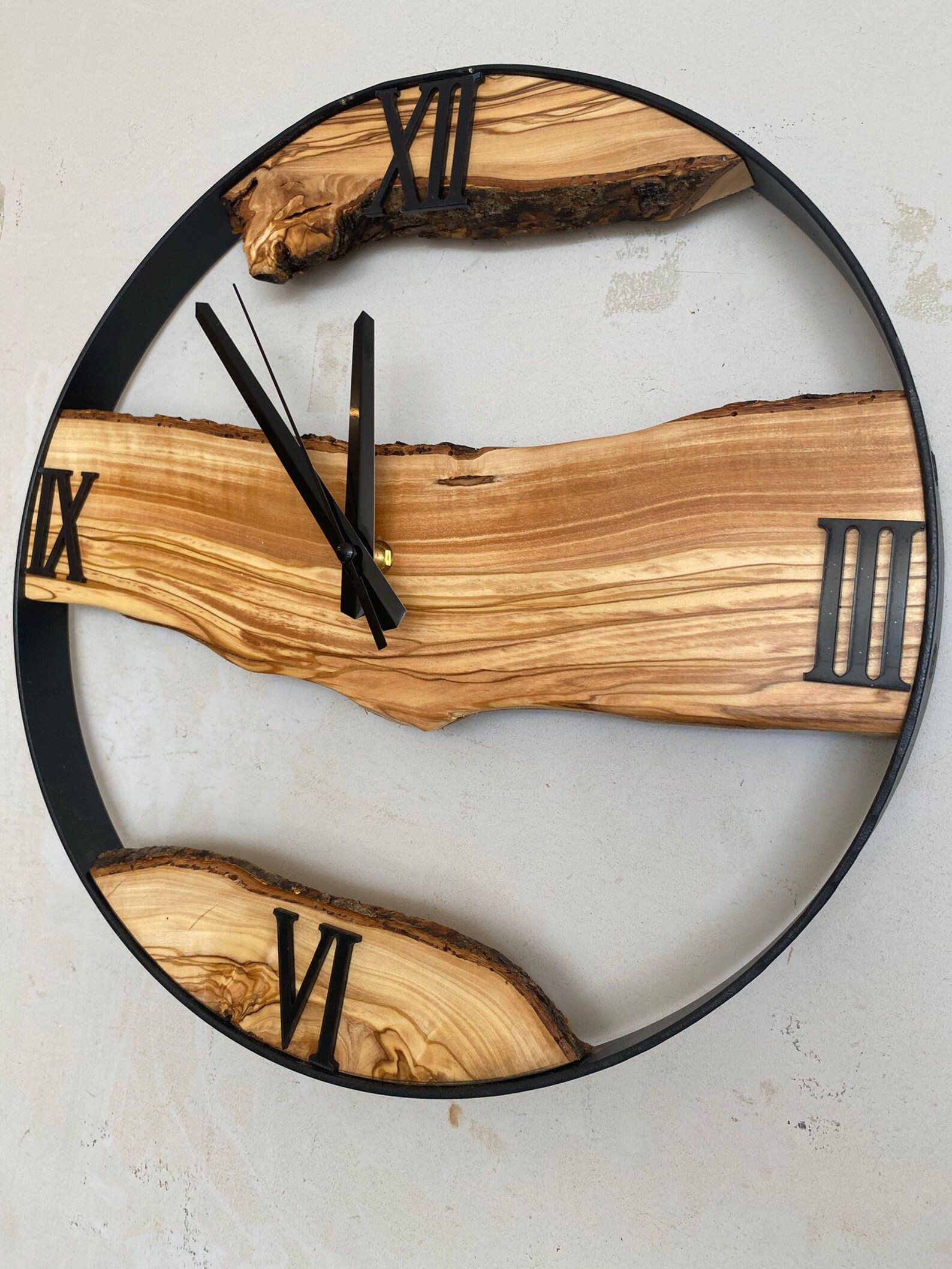 Olive Wood Wall Clock With Metal Frame – Round Rustic Live Edge Clock ...