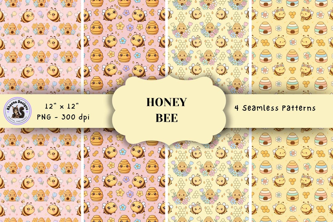 Honey Bee Seamless Patterns – 4 Designs – 12x12" 300 DPI, Cute Bee ...