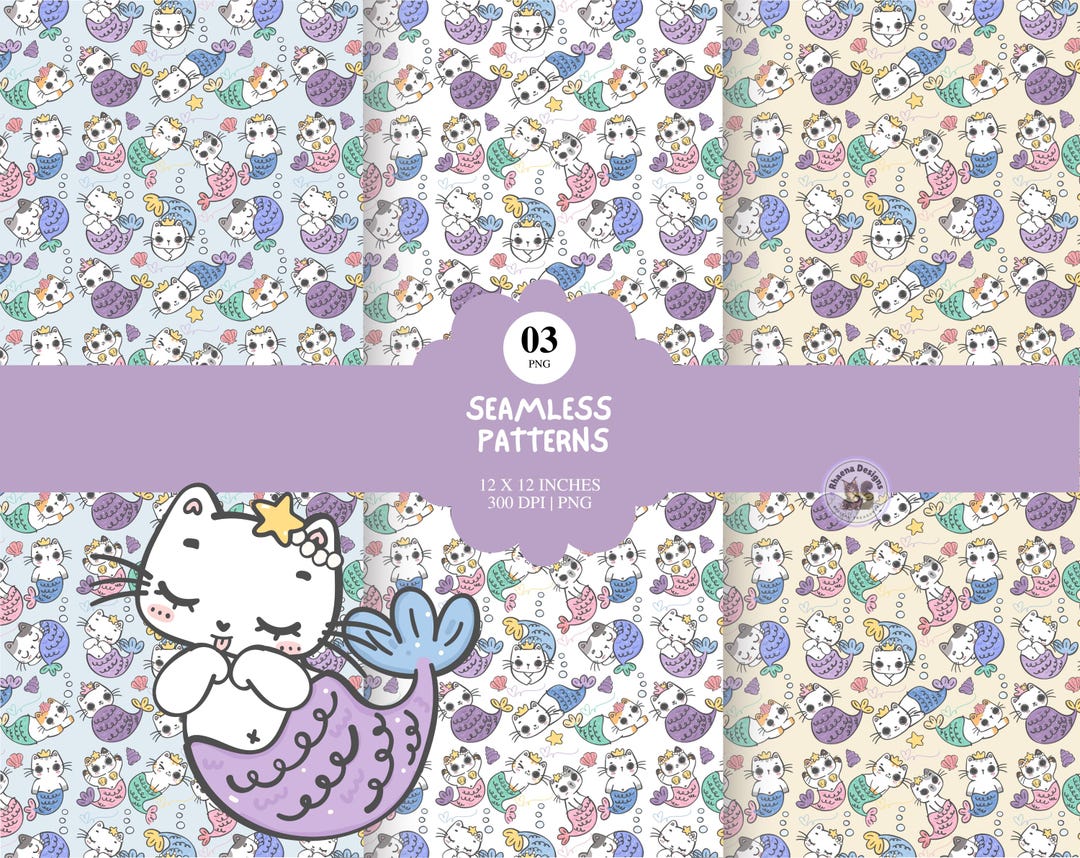 Mercat Seamless Pattern: Mermaid Cat Digital Paper (12x12 Inch PNG Tile ...