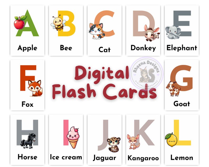 Digital Alphabet Flashcards, Cute ABC Animal Cards, Homeschool ...