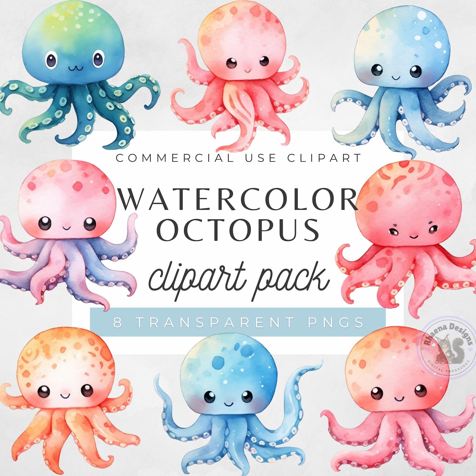 Octopus Clipart Bundle, Watercolor Octopus, Under the Sea Creatures ...
