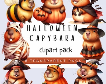 Capybara Halloween Clipart Bundle: Kawaii Spooky PNG Illustrations ...