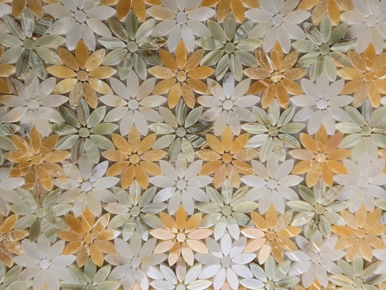 Daisy Mosaic Wall Tiles – White, Orange & Green Natural Stone | Floral ...