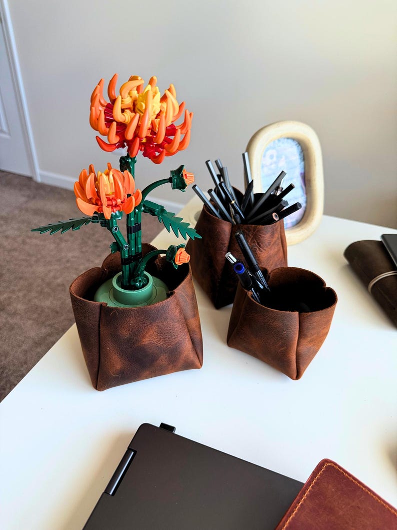 Handmade Leather Desk Organizer, Rustic Pencil Cup, Plant Pot, Catchall ...