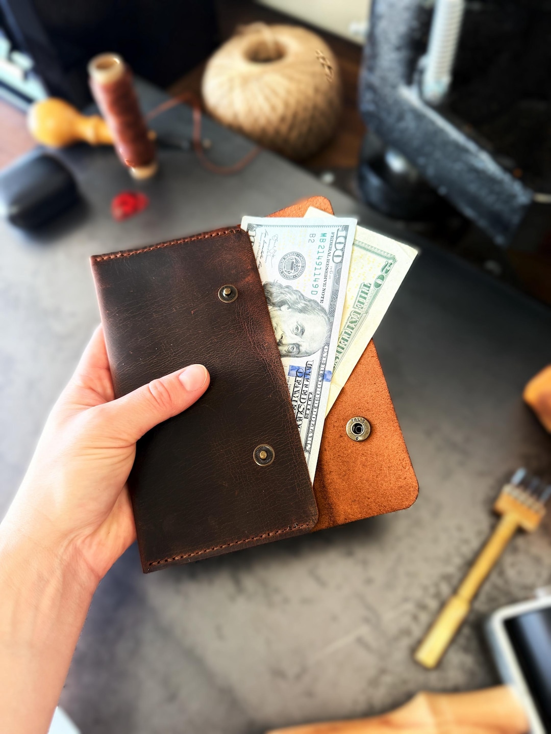 Handmade Leather Cash Envelope, Rustic Wallet for Bills & Notes, Snap ...