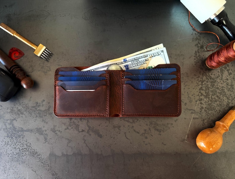 Handmade Leather Wallet, Rustic Brown Bifold for Men, Slim EDC Card ...