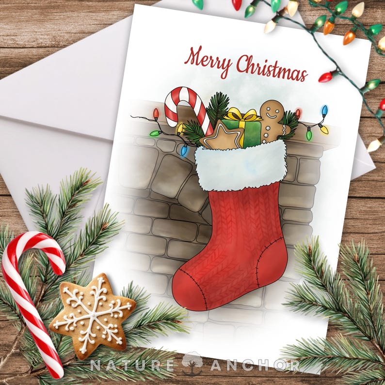 Printable Christmas Card, Cozy Stocking by Fireplace, Hand-painted ...