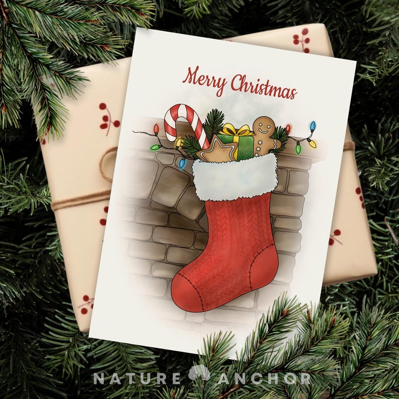 Printable Christmas Card, Cozy Stocking by Fireplace, Hand-painted ...