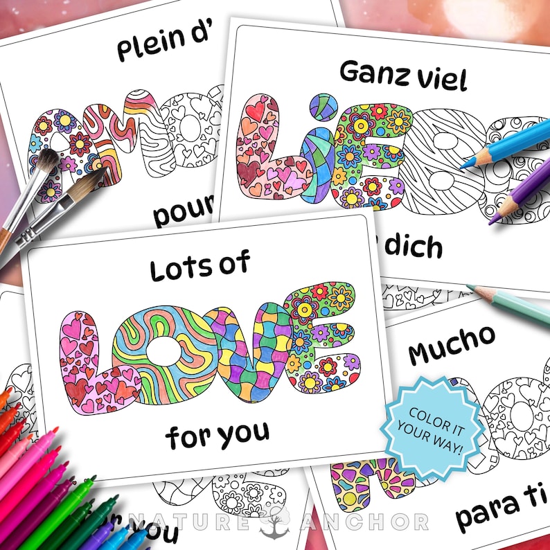 Coloring Cards "love, Liebe, Amor and Amour" - Folded & Flat Options ...