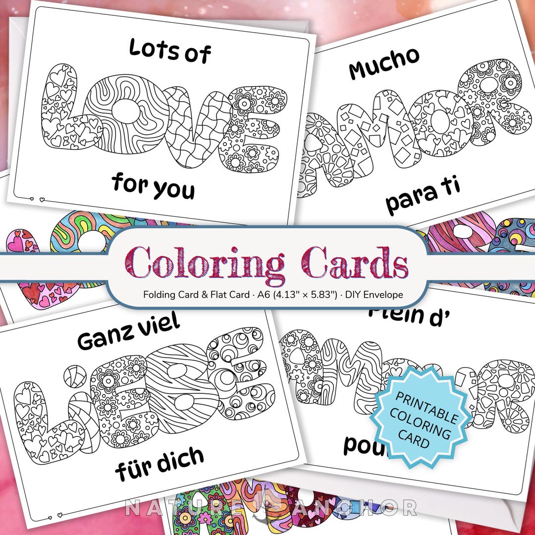 Coloring Cards "love, Liebe, Amor and Amour" - Folded & Flat Options ...