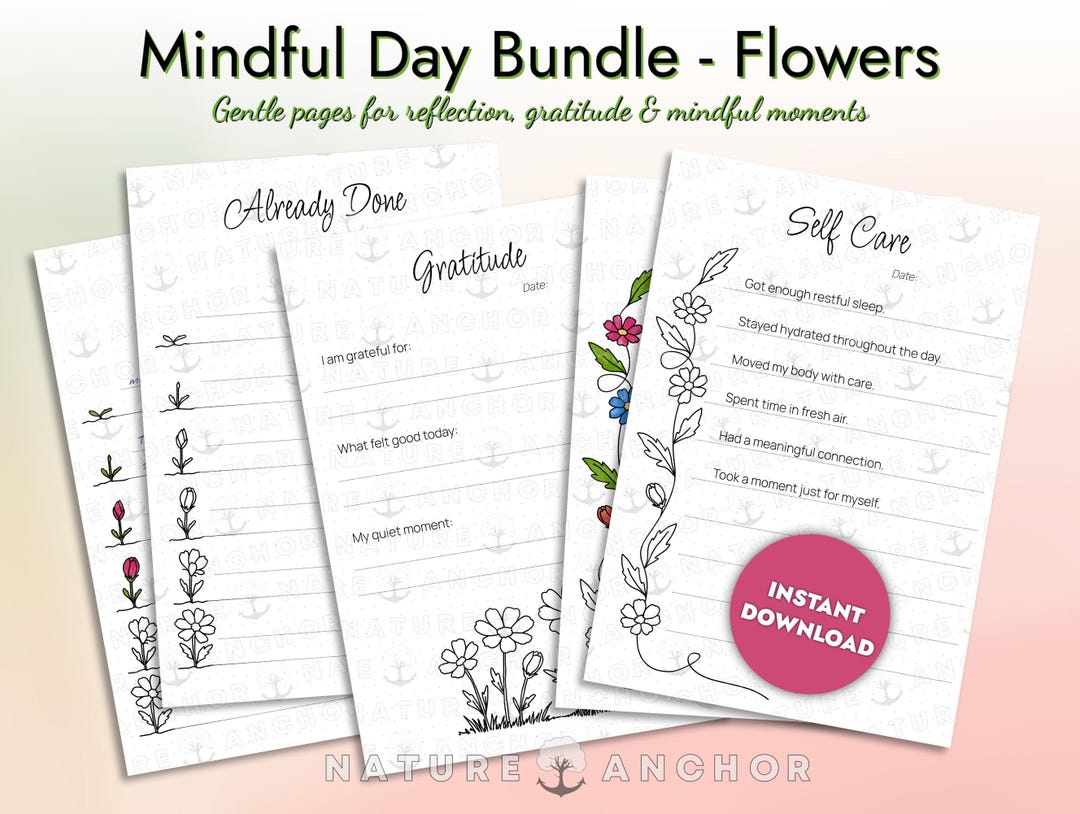 Mindful Day Journal Bundle, 3 Printable Floral Wellness Pages ...