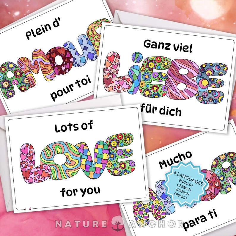 Coloring Cards "love, Liebe, Amor and Amour" - Folded & Flat Options ...