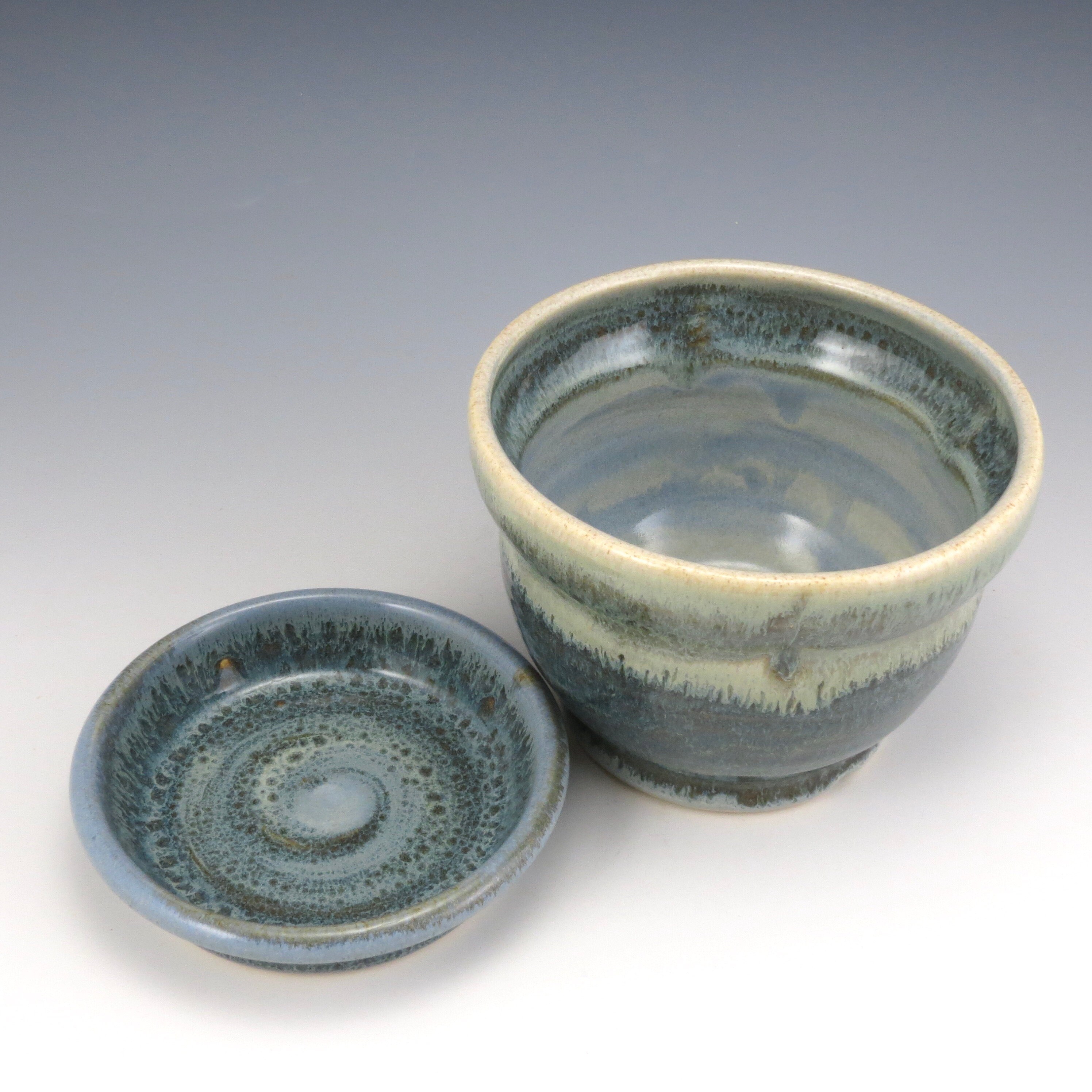 Handmade Pottery Planter With Dish, Rich Blues and Soft Green - Etsy