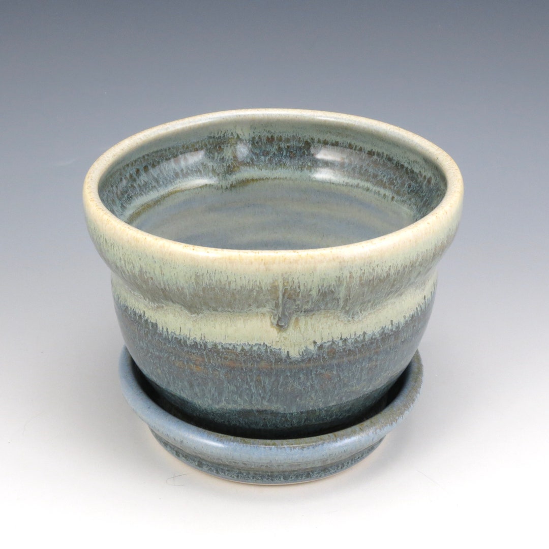 Handmade Pottery Planter With Dish, Rich Blues and Soft Green - Etsy