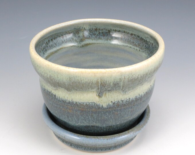 Handmade Pottery Planter With Dish, Rich Blues and Soft Green - Etsy