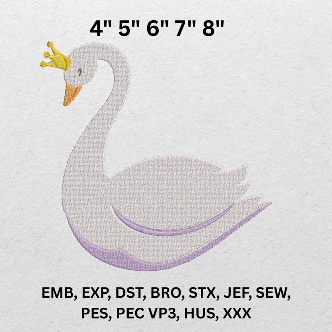 Princess Swan Embroidery Design – Elegant Swan With Crown – 8 Inch ...