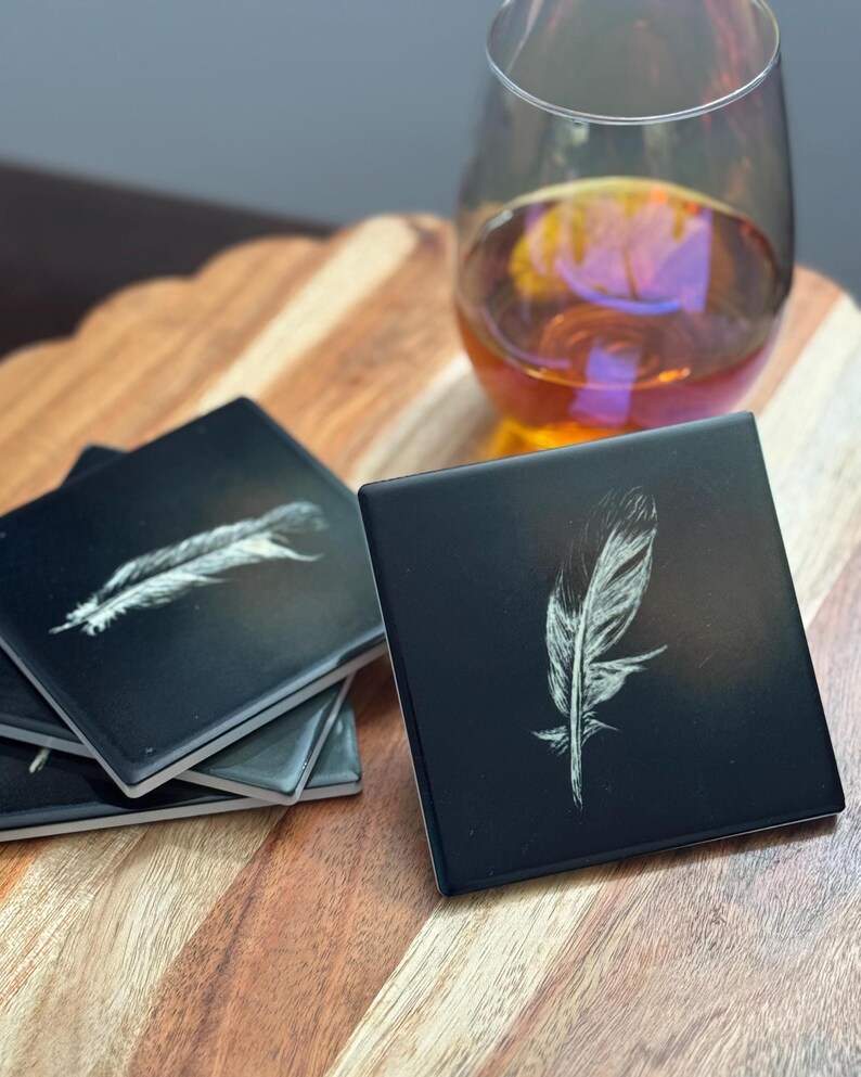 Boho Modern Ceramic Coasters Set of 4 – Neutral Black and Gray Feather ...