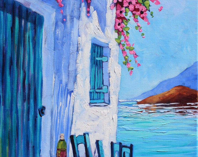 Santorini Blue & White Giclee Canvas Print Greece Colorful Cafe Flowers ...