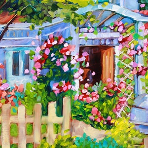 The Coach House, Original Oil Painting Cottage With Flowers ...