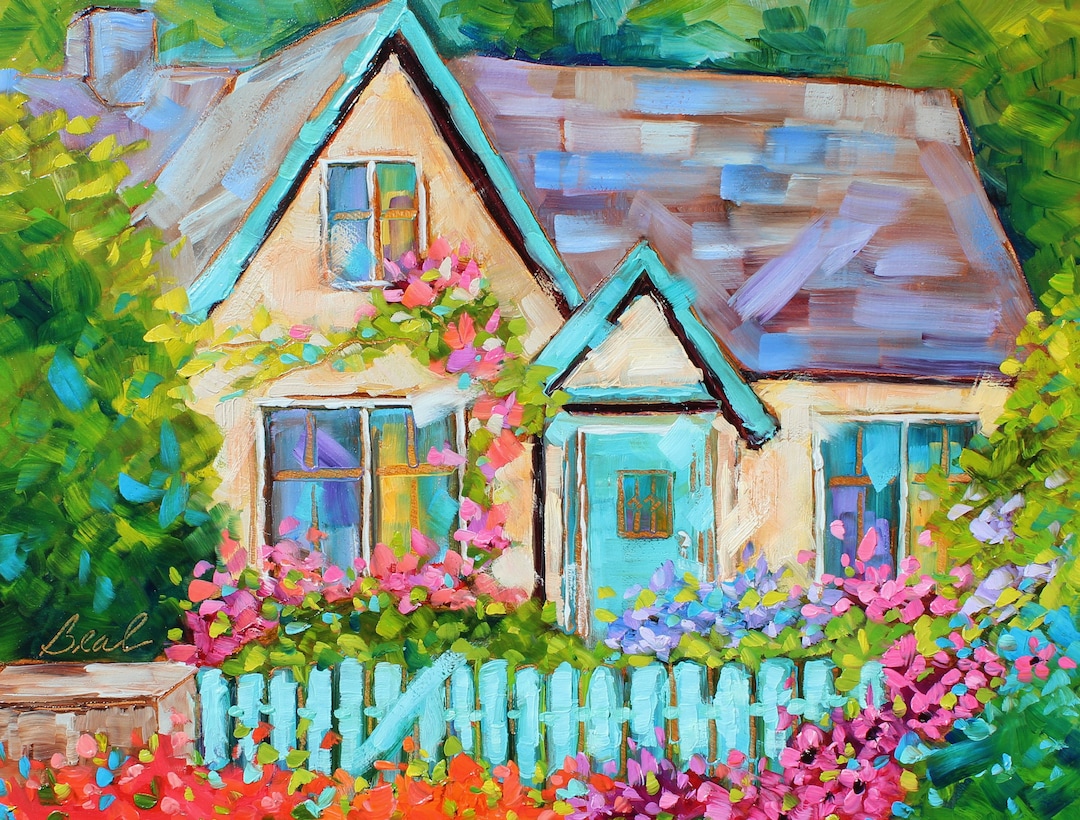 Cottage Art, Colorful Oil Painting With Flowers, Landscape Painting, by ...