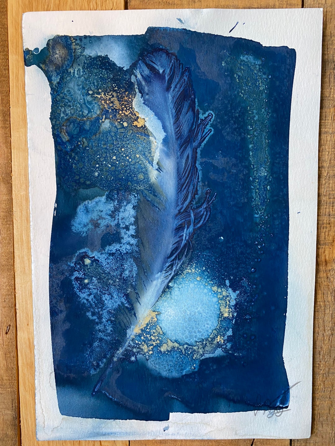 Celestial Feather Cyanotype Art Original | Dreamy Sky Small Wall Decor ...