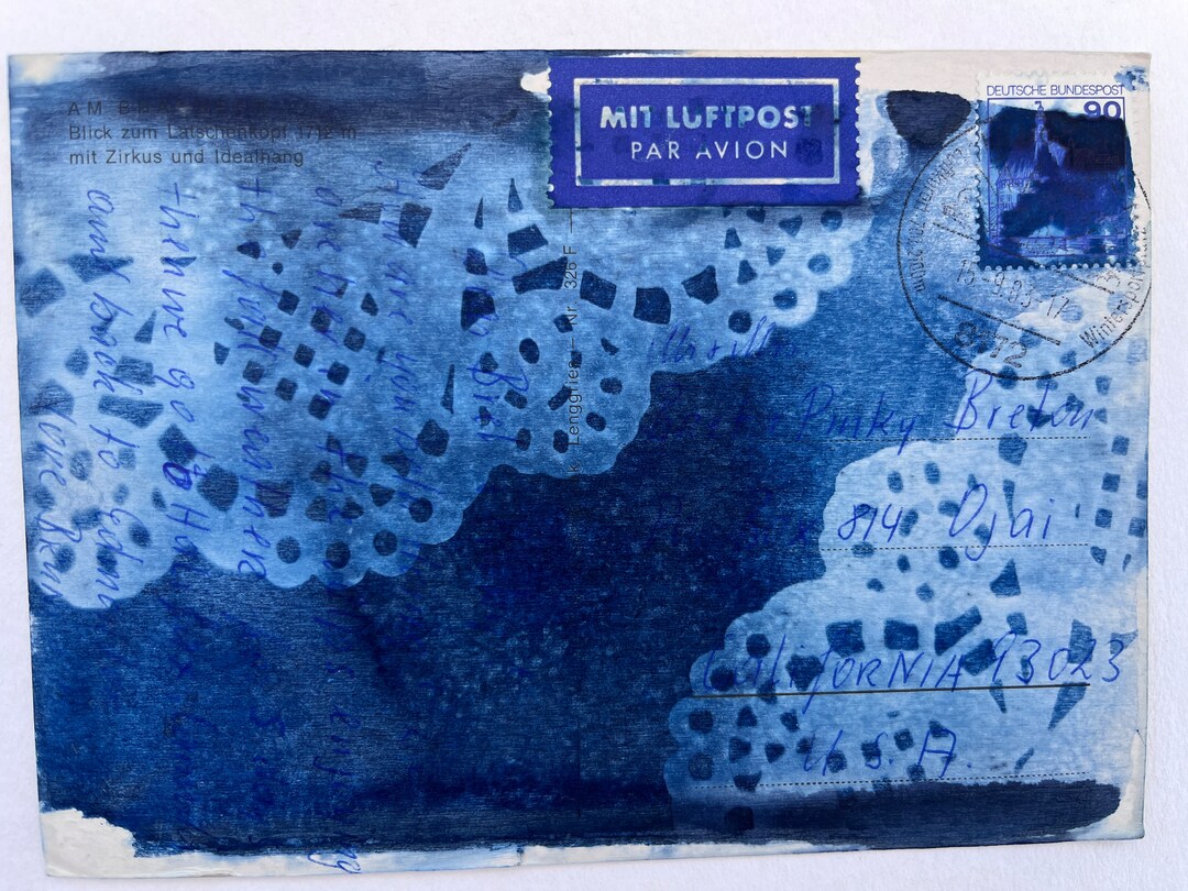 Doily Fabric Cyanotype Blue Lace Pattern Vintage Postcard Small Artwork ...