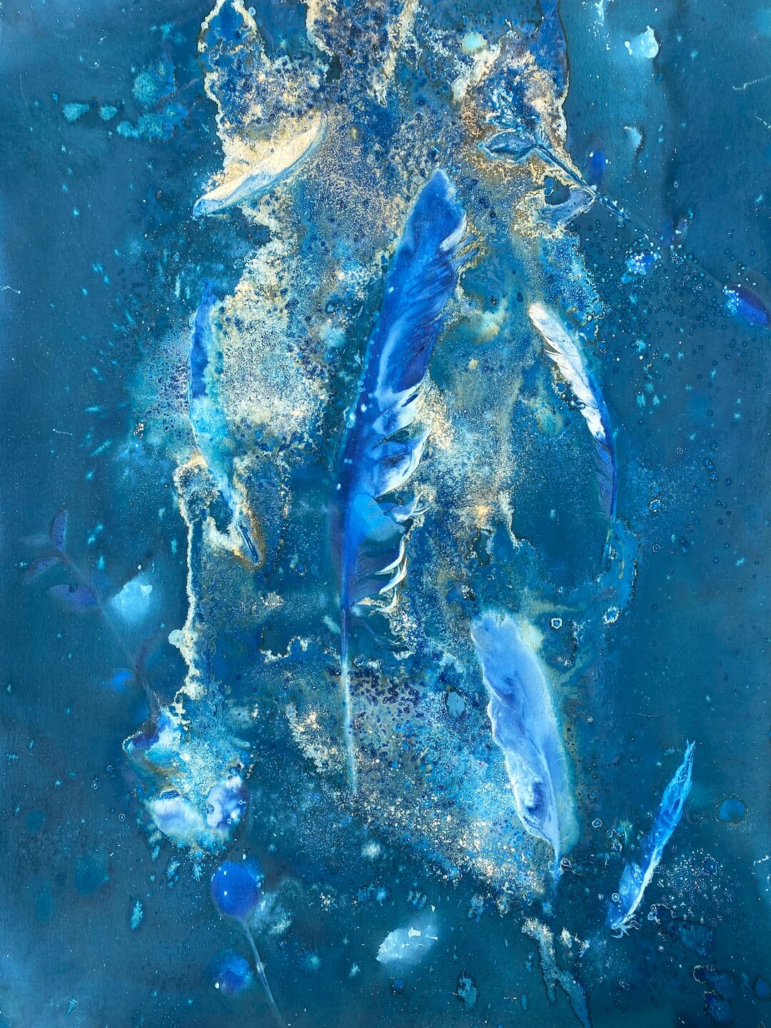 Cyanotype Feather Fire Giclee Print 8x10 | Boho Blue Art Print ...