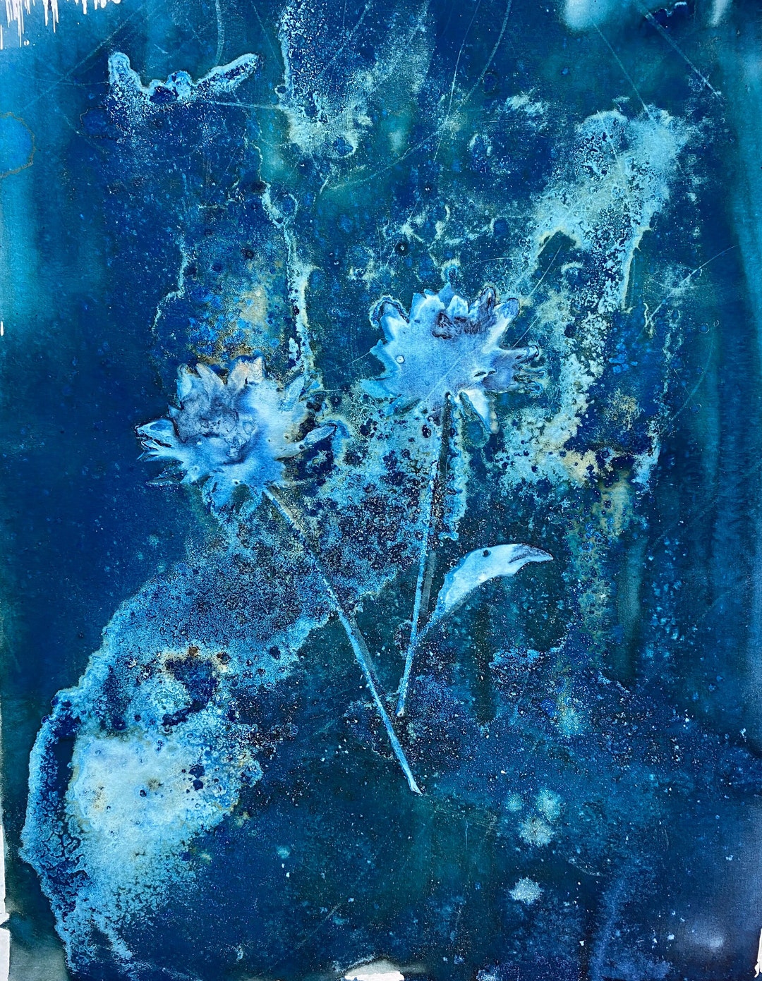 Blue Flower Boho Cyanotype Print - Cyan Blue Flowers Deep Blue - Photo ...
