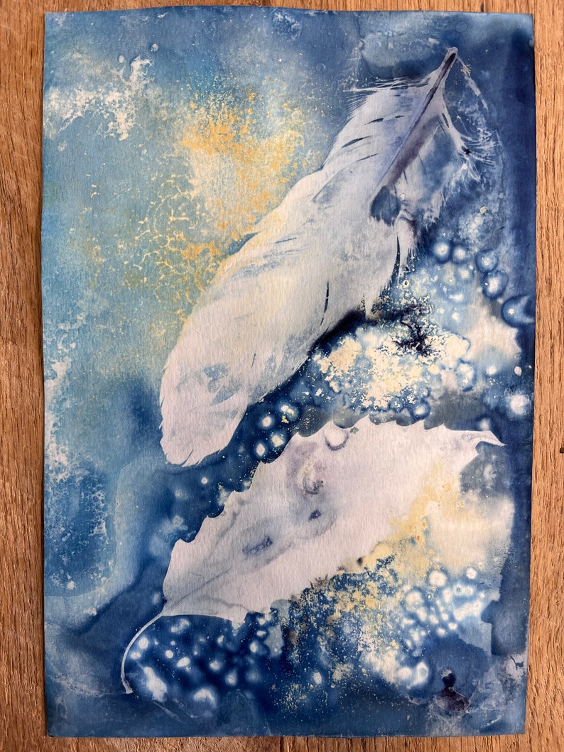 Feathers Cyanotype BLUE Gold Cyanotypes Print Art Bird Boho Feather ...