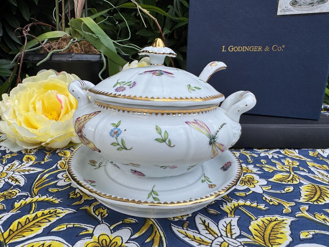 Godinger Primavera Gravy Boat: Porcelain Tureen With Gold Trim & Lid - Etsy