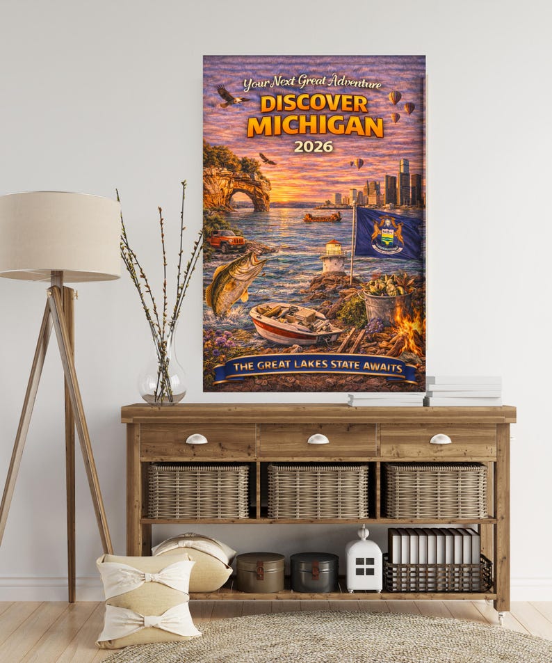 Michigan Travel Poster, Lakes Lighthouse Art, Vintage USA (digital ...