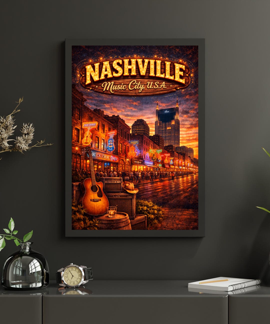 Nashville Music City Nightlife Art Print, Broadway Neon (digital ...