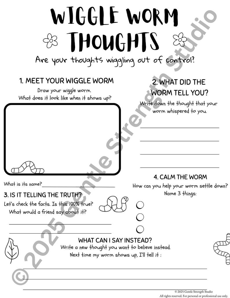 Wiggle Worm Thoughts | CBT Worry Worksheet for Kids | Anxiety Coping ...