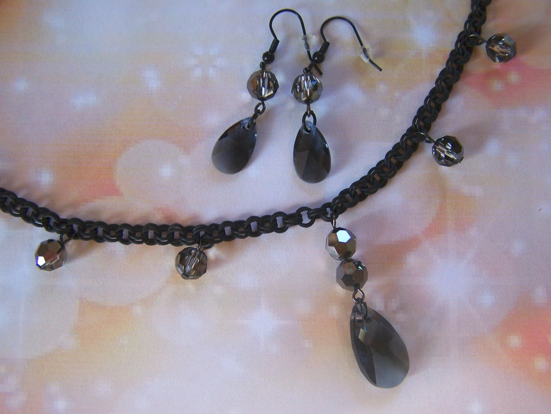 Jewelry Set Swarovski Graphite Pendants Necklace and Earrings - Etsy