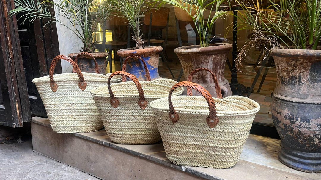 Handwoven Palm Leaf Market Basket With Braided Leather Handles – Rustic ...
