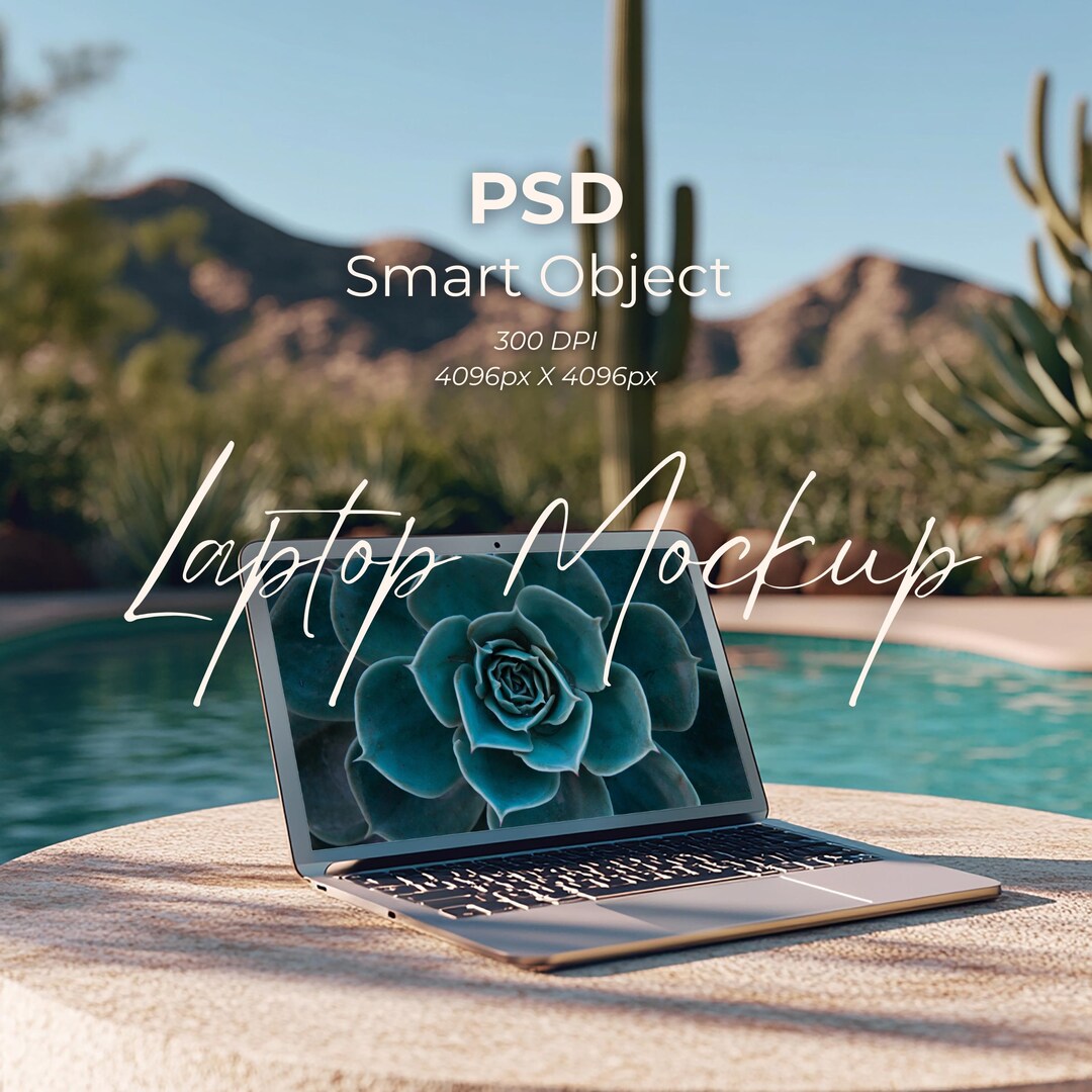 Desert Resort MacBook Mockup: Poolside Laptop Mockup With Smart Object ...