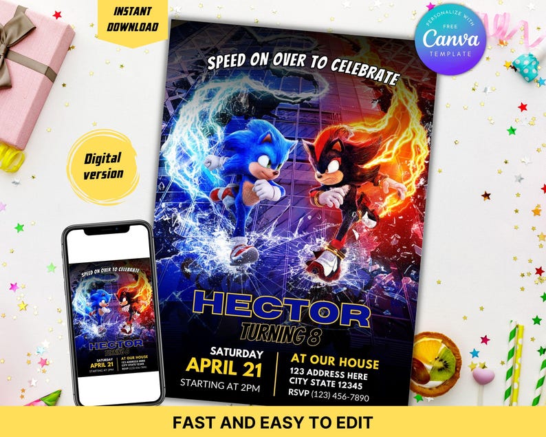 Editable Sonic 3 Birthday Invitation Canva Template | Sonic and Shadow ...