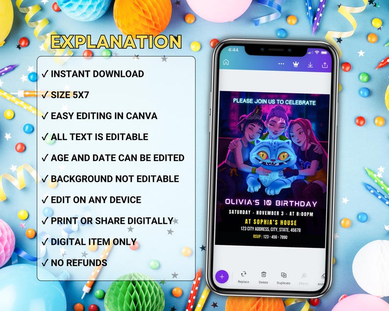 Derpy Tiger Birthday Invitation, Editable K-pop Neon Party Invite ...