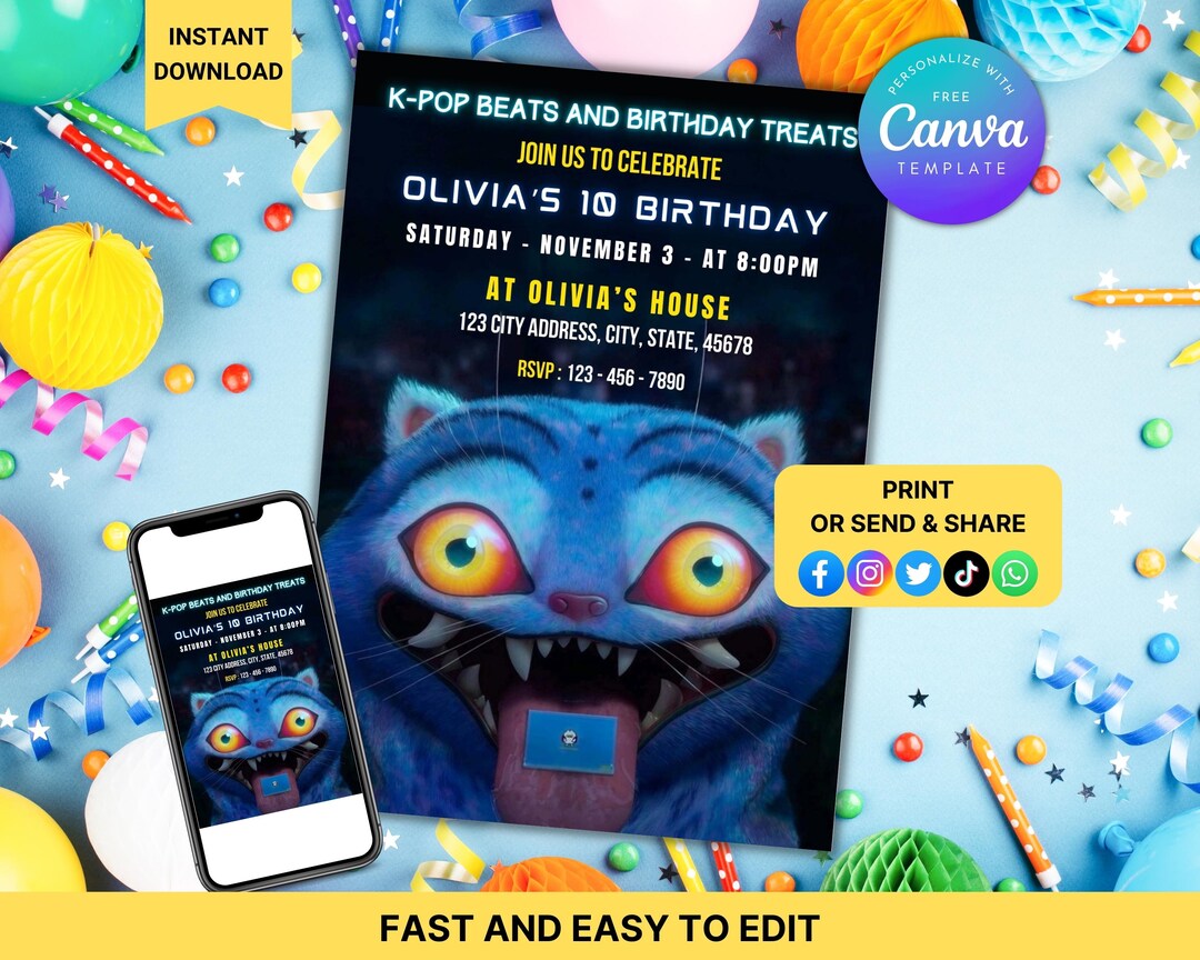 Editable Derpy the Tiger Inspired Birthday Invitation | K-pop Birthday ...