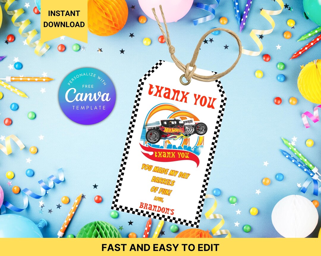Editable Hot Wheels Birthday Party Thank You Tag, Cars Birthday Gift ...