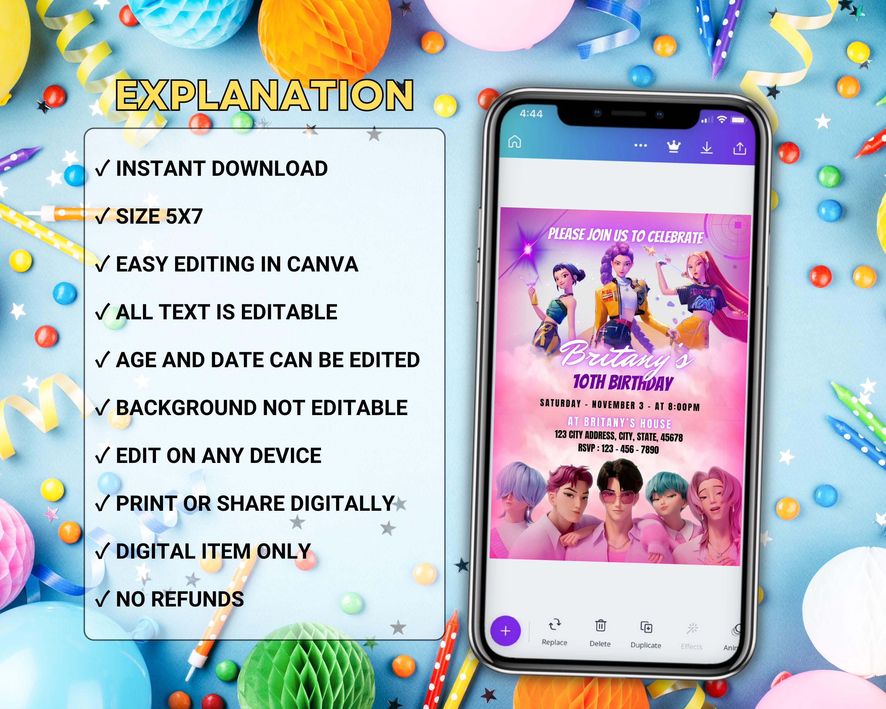 Editable Kpop Anime Pop Star Birthday Invitation, Virtual Idol Party ...