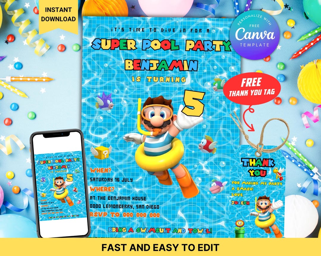 Editable Super Mario Birthday Pool Party Invitation + Free Mario Thank ...