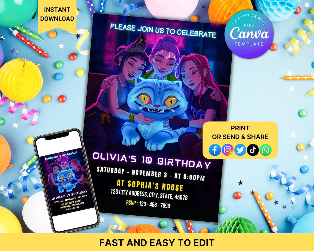 Derpy Tiger Birthday Invitation, Editable K-pop Neon Party Invite ...