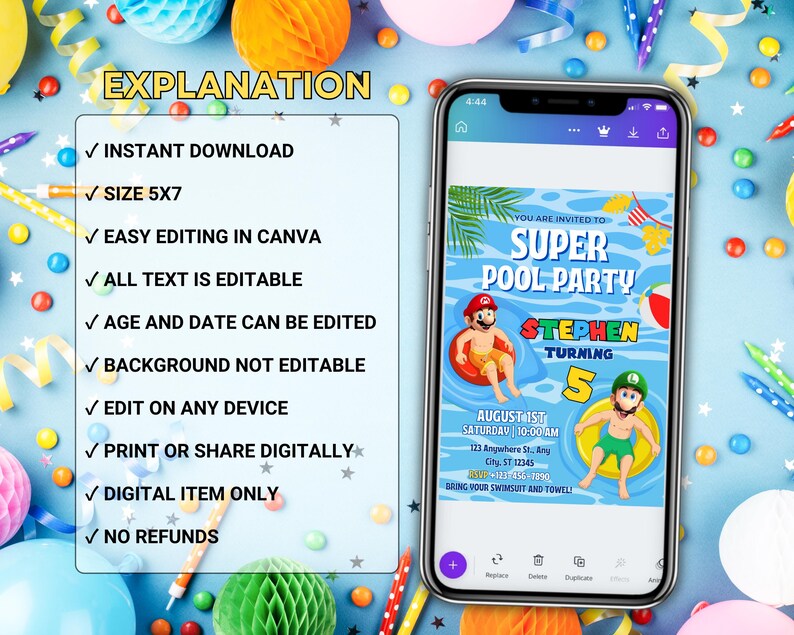 Editable Super Mario and Luigi Birthday Pool Party Invitation Canva ...