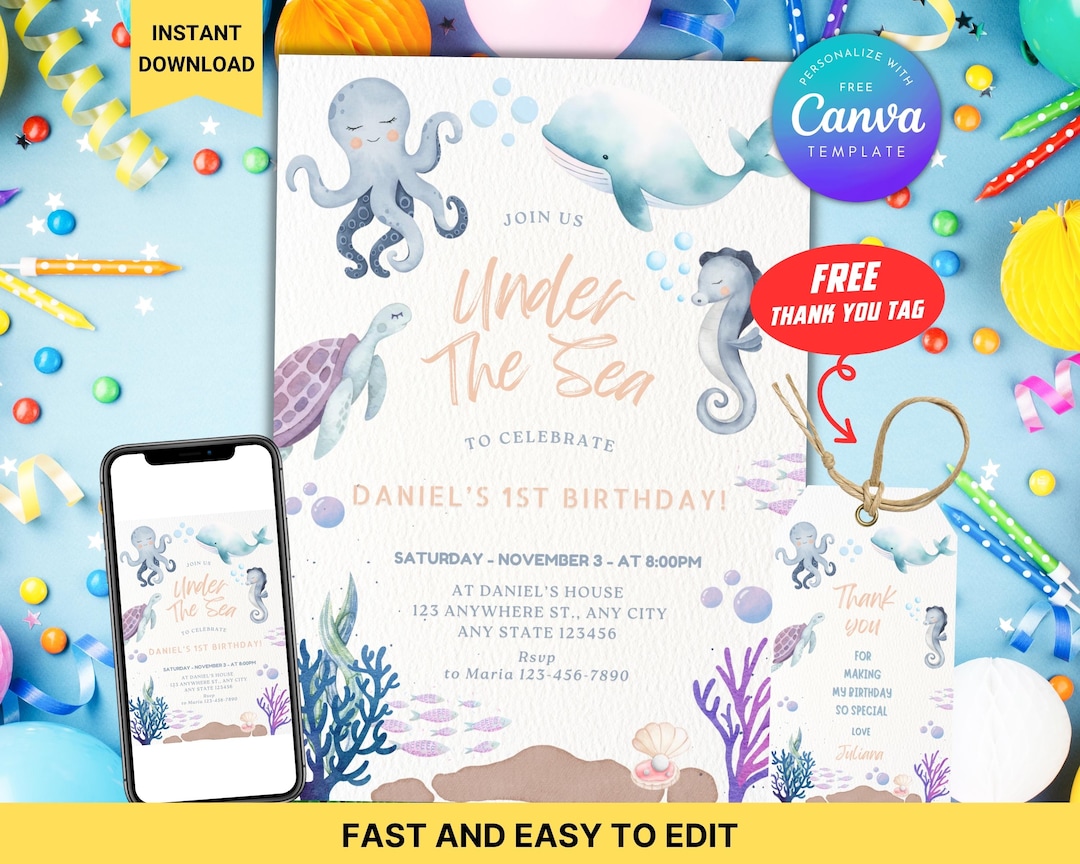 Editable Under the Sea 1st Birthday Invitation + Thank You Tag, Ocean ...