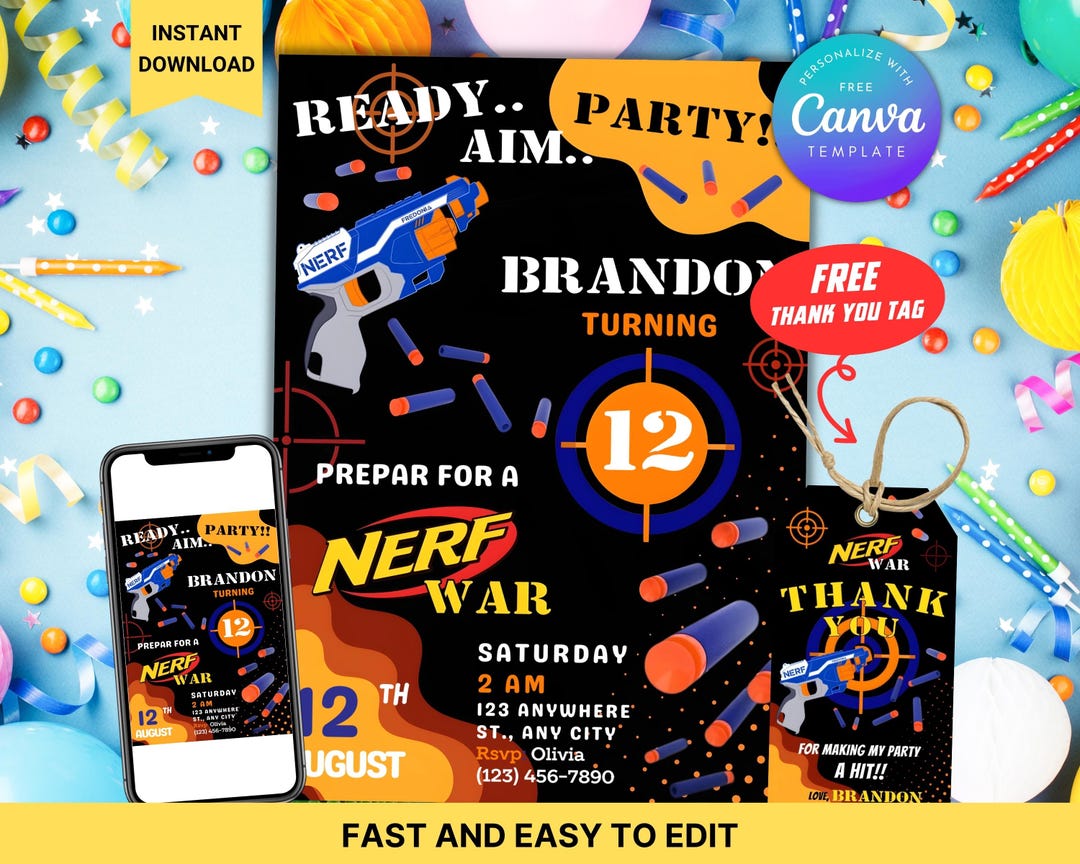 Nerf Gun Birthday Invitation Template With Thank You Tag, Editable Nerf ...